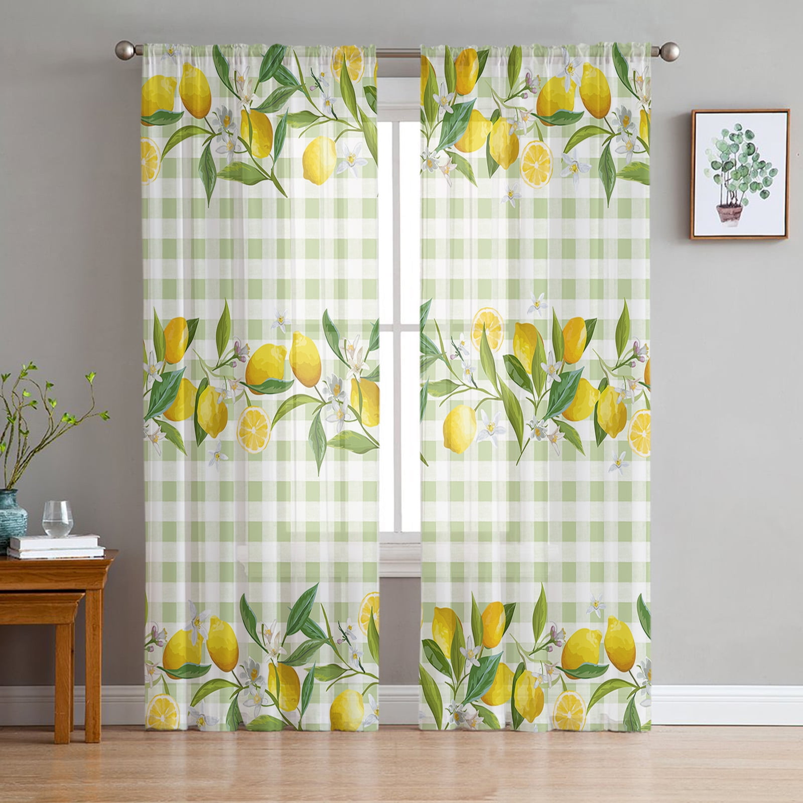 Lemon Plaid Green Sheer Curtains for Living Room ration Window Curtains ...
