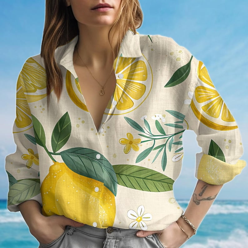 Lemon Print Blouse Shirt,Summer Fruit Women Shirt,Cute Citrus Pattern ...