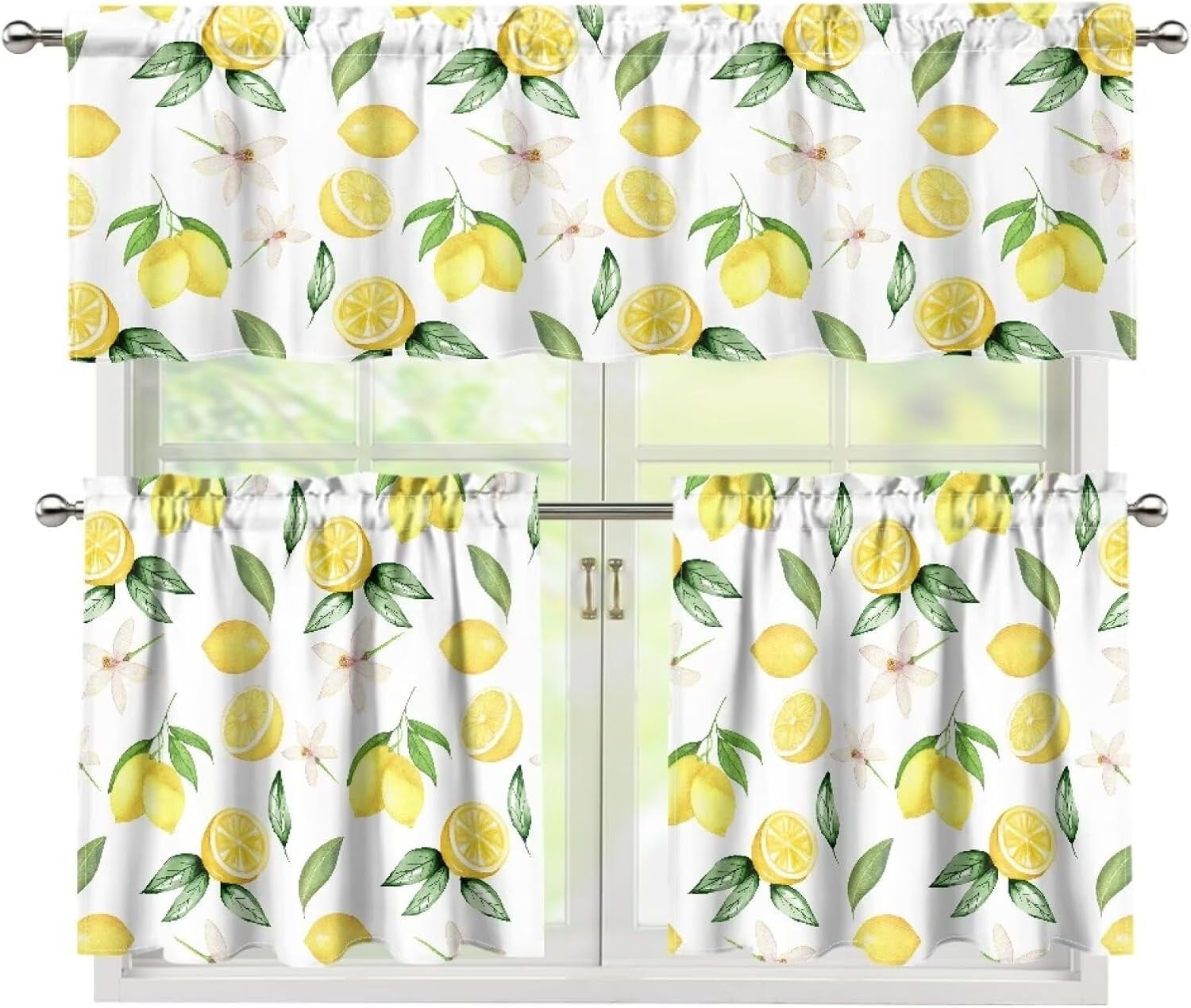Lemon Print Kitchen Curtains Pumpkin Window Curtains Valance and Tier Set of 3, Rod Pocket Short ...