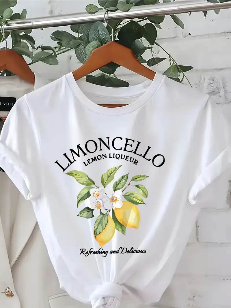 Lemon Print T-shirt, Short Sleeve Crew Neck Casual Top For Summer ...
