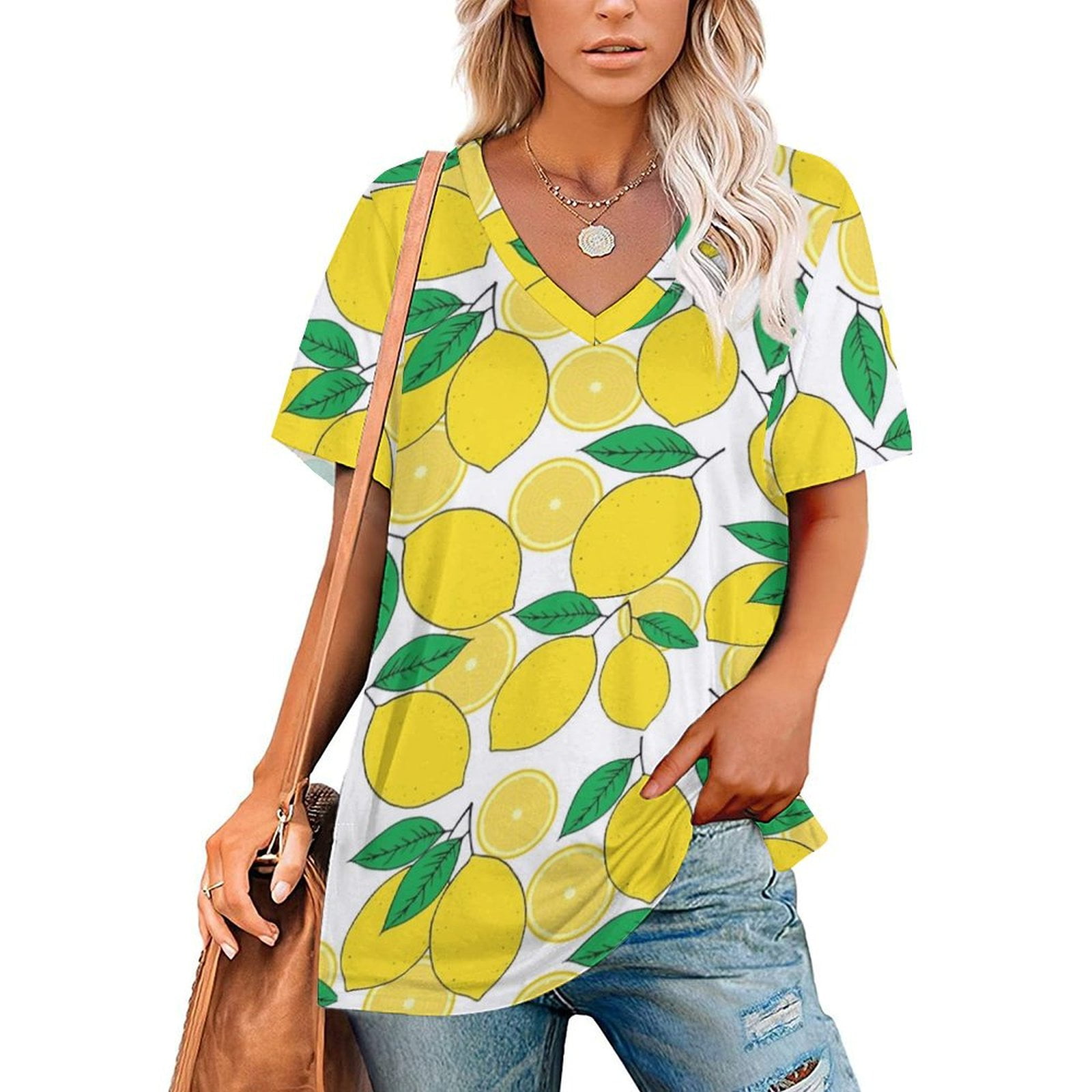 Lemon Print V Neck Korean Fashion Oversize T-Shirt Short Sleeve ...