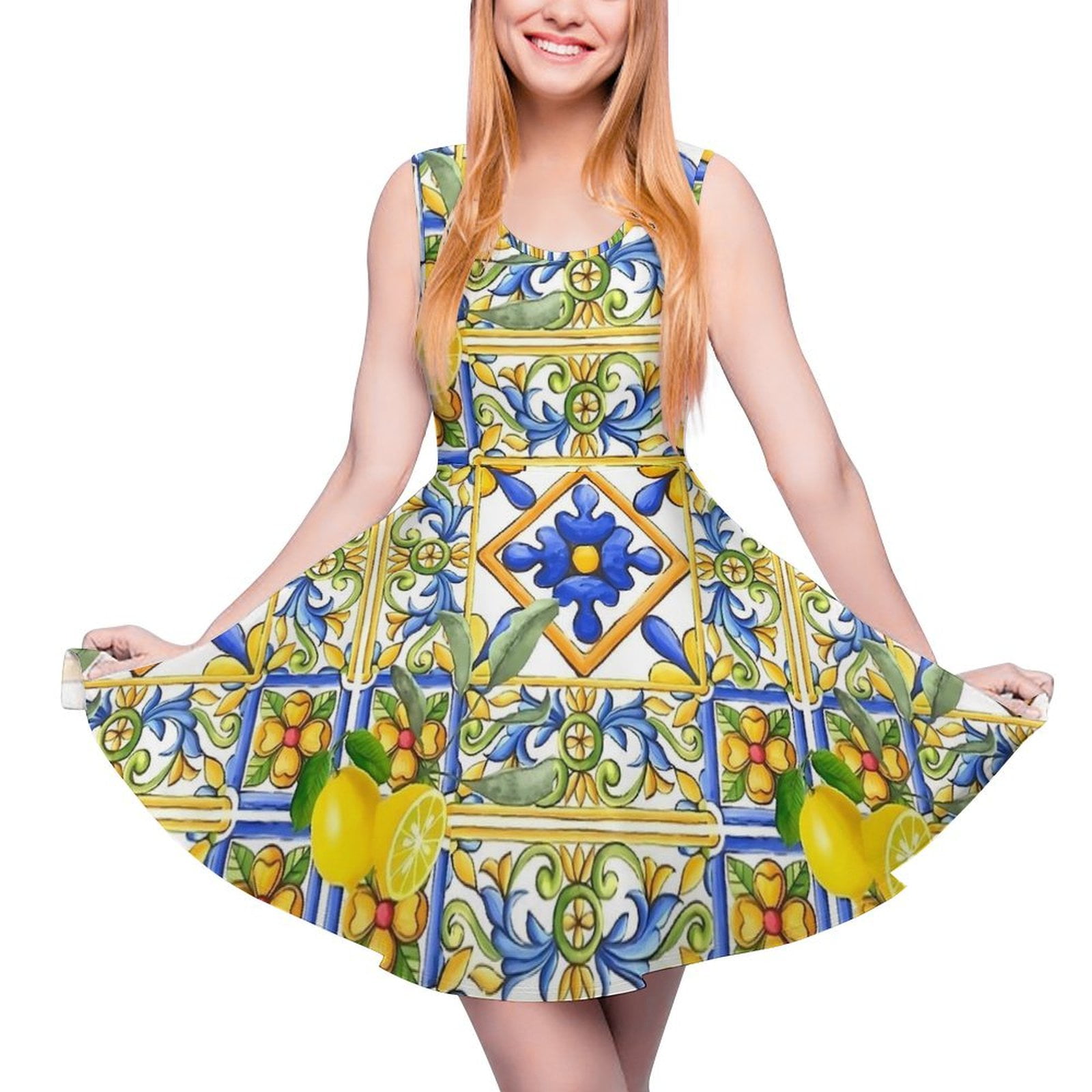 Lemon Retro Dress Sicilian Tiles Modern Dresses High Waist Street ...