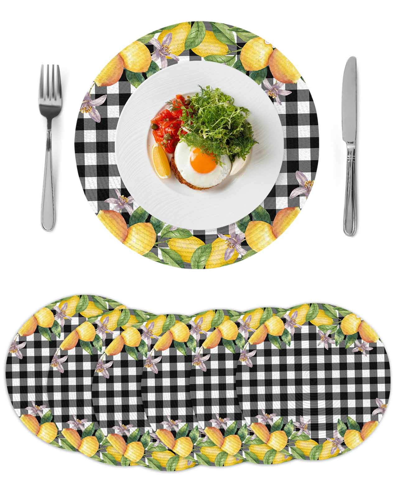 Lemon Round 15 Inch Placemats Set of 6, Black Plaid Check Yellow Fruit ...