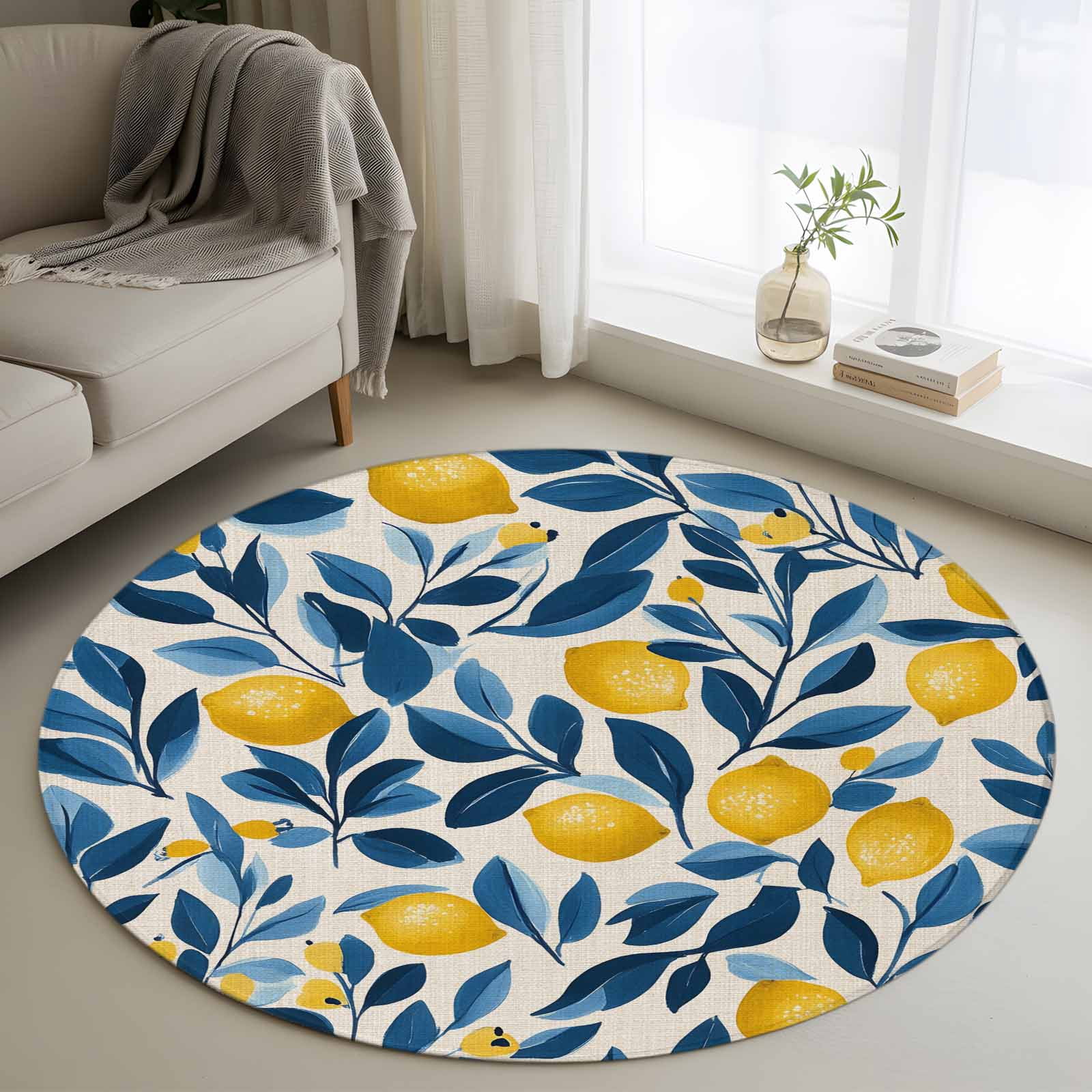 Lemon Round Area Rug 3 FT, Small Kitchen Bathroom Mats, Watercolor ...