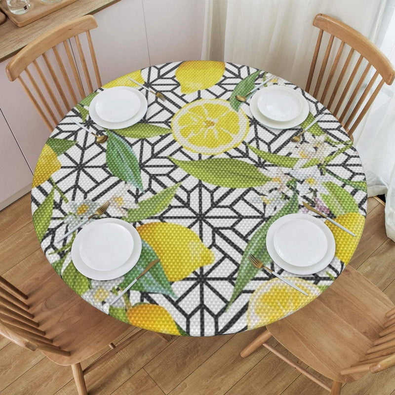 Lemon Round Fitted Tablecloth with Elastic Fitted Table Covers for ...
