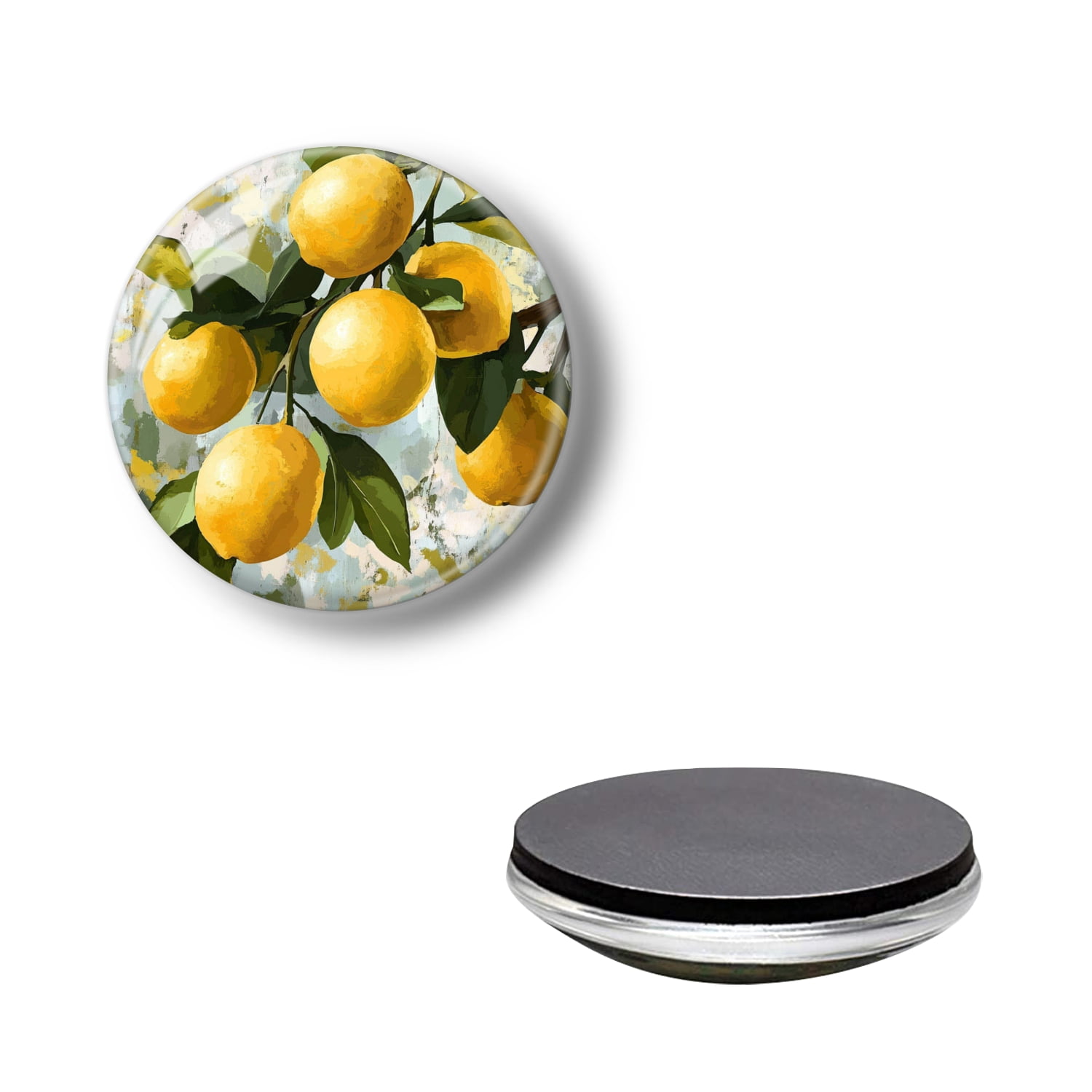 Lemon Round Refrigerator Magnet Fridge Sticker, Lemons with Green ...