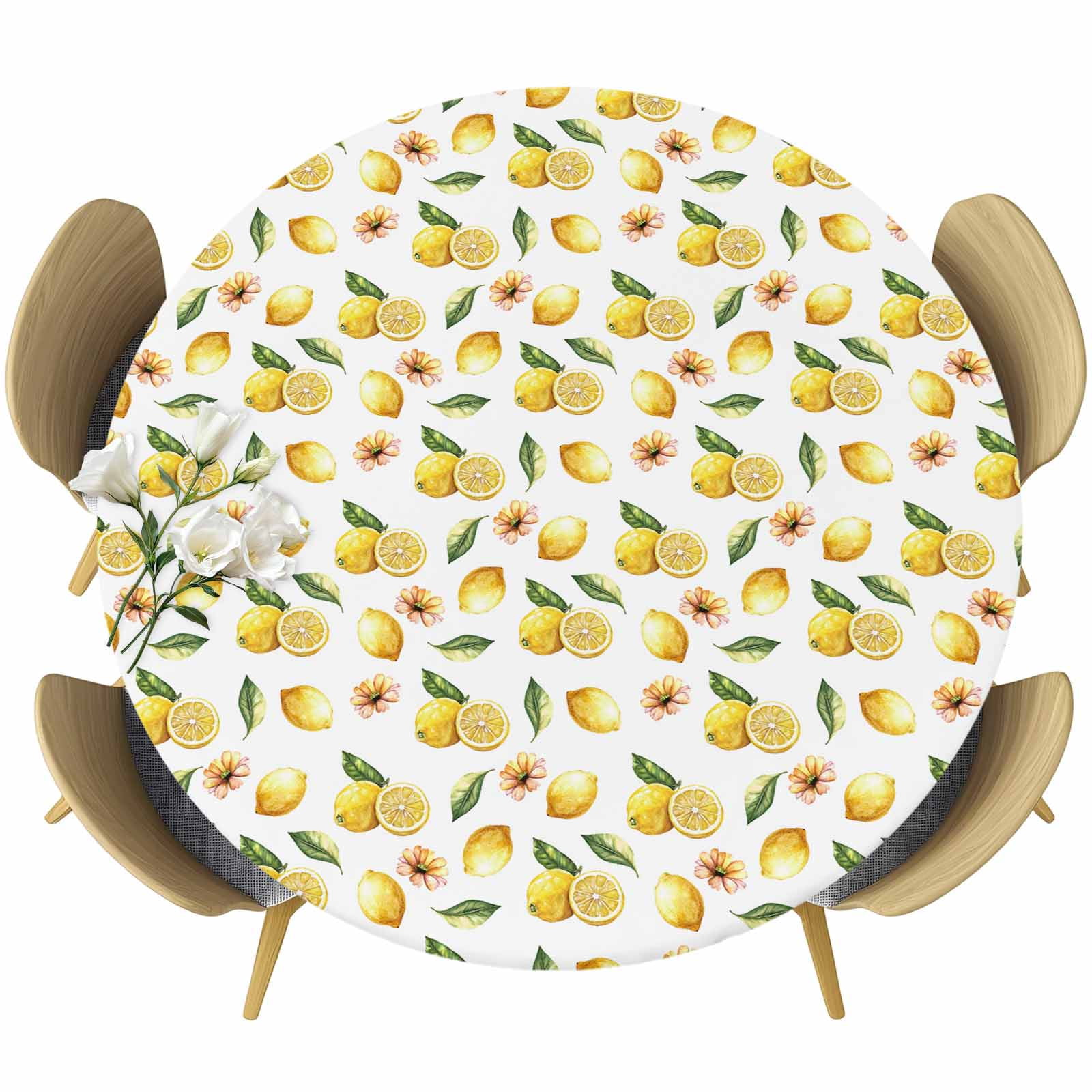 Lemon Round Tablecloth, Fitted Table Cover with Elastic for 45"-54 ...