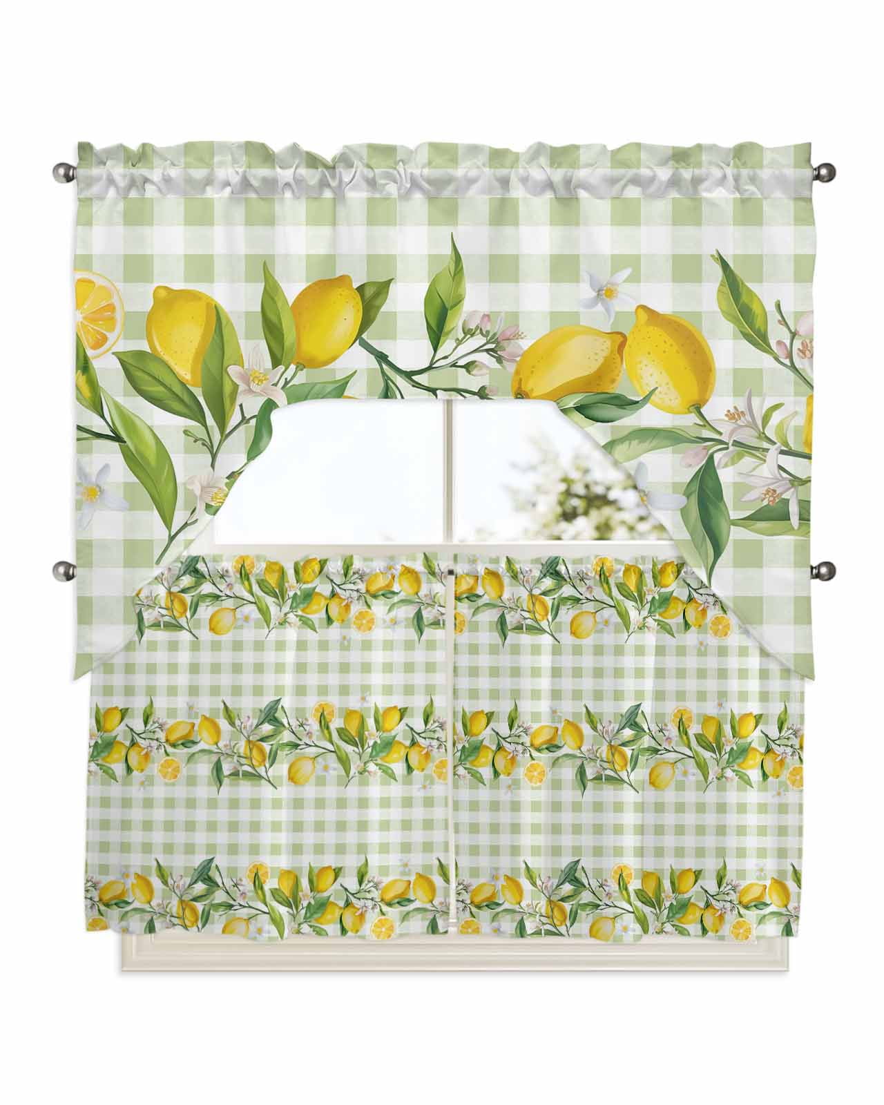 Lemon Sage Green Swag Curtains Valance and Tier Set,Buffalo Plaid Check Summer Yellow Fruit Rod ...