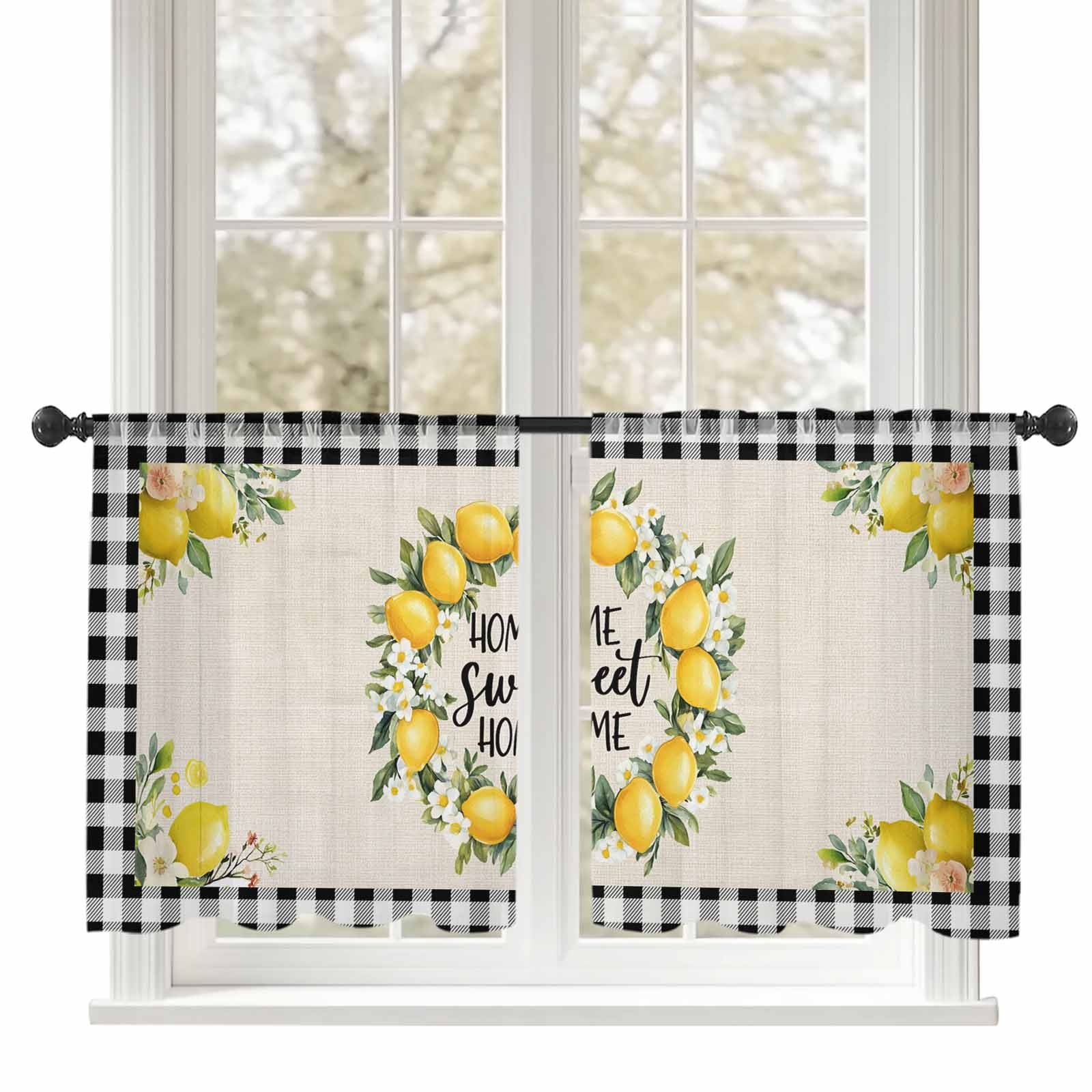 Lemon Sheer Curtains 54 inches Long, Farmhouse Yellow Fruit Countryside ...