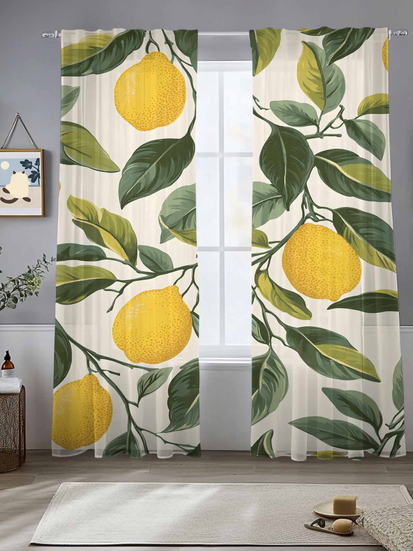 Lemon Sheer Curtains for Living Room Bedroom Watercolor Summer Leaves ...