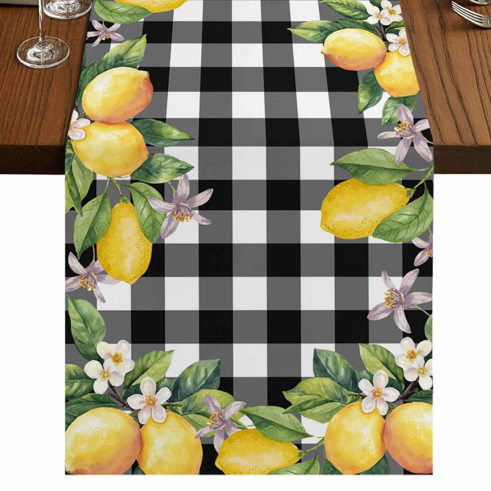 Lemon Short Table Runner 36 Inches Long,Black Plaid Check Yellow Fruit ...