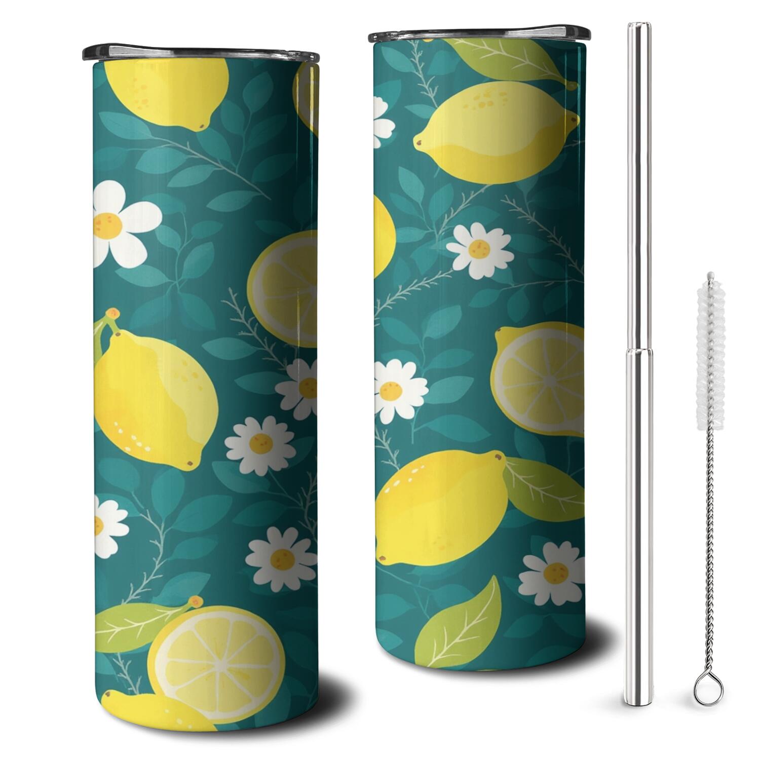 Lemon Skinny Tumbler with Lid Straw Double Wall Travel Mug Modern 20 oz ...