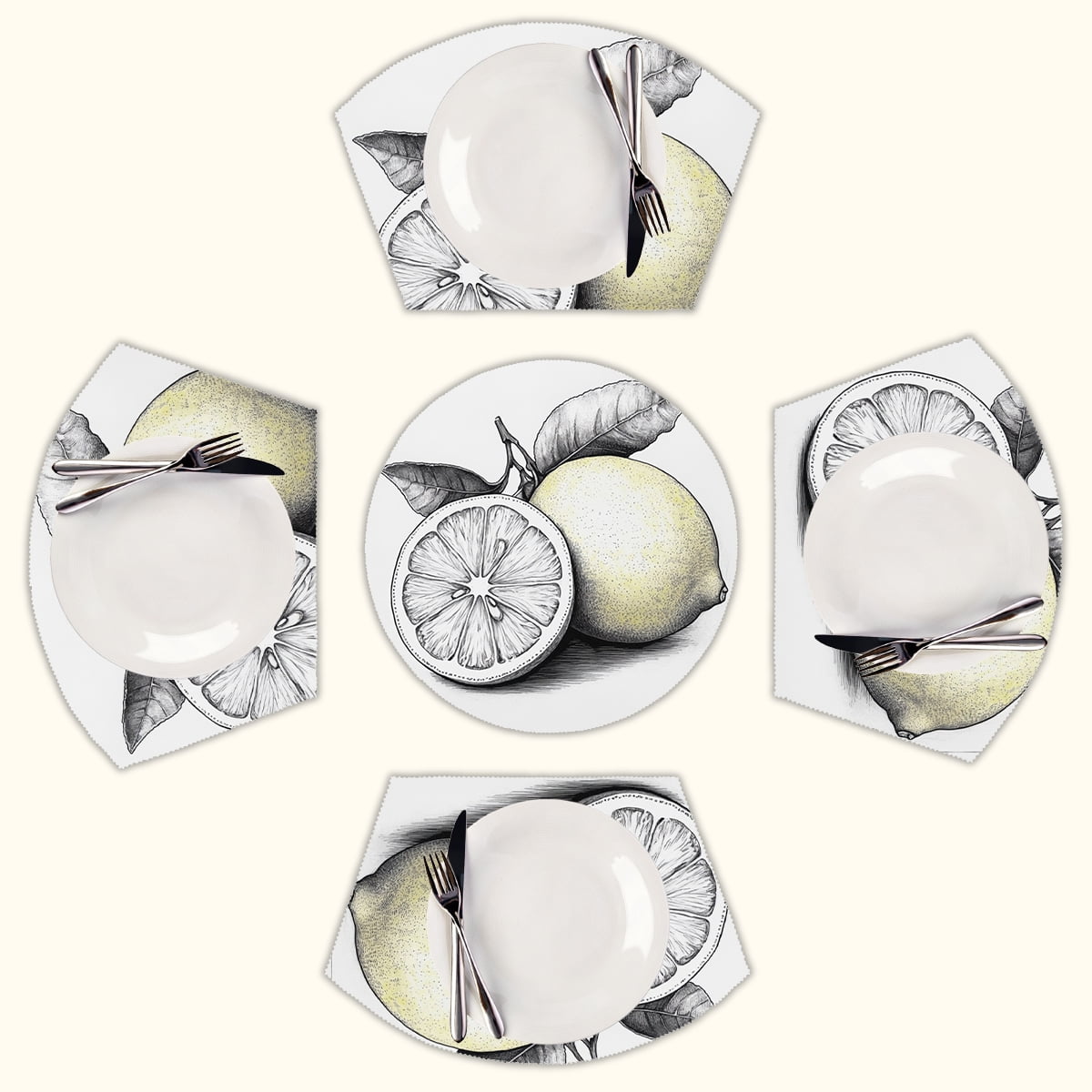 Lemon and Slice Illustration Round Table Placemats Set Of 5 Wedge Table ...