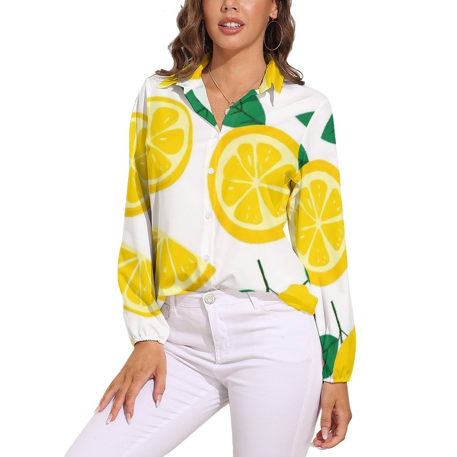 Lemon Slice Pattern(1) Vntage Casual Long Sleeve Shirt Blouse Woman ...