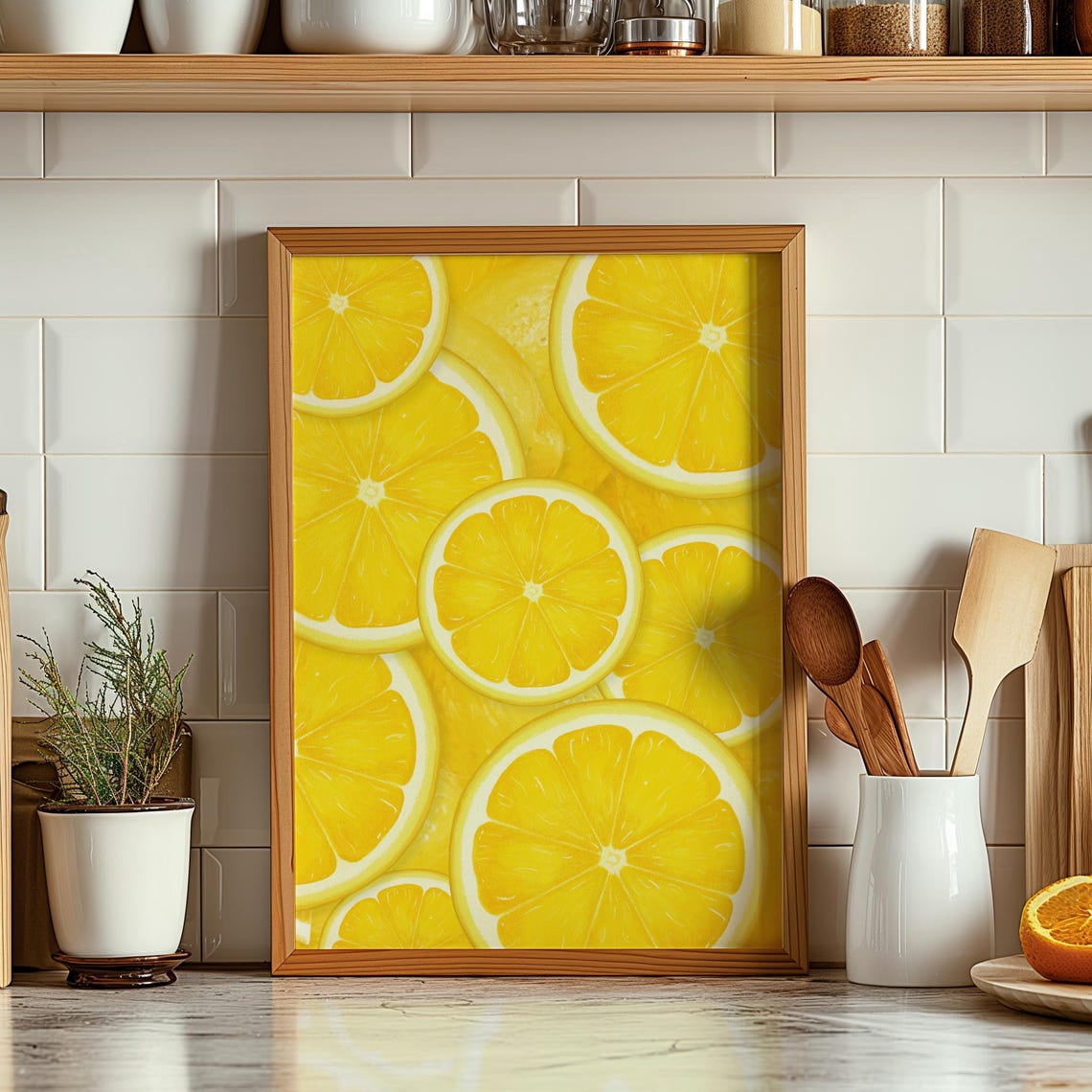 Lemon Slices Kitchen Art Print, Abstract Citrus Illustration, Stretched ...