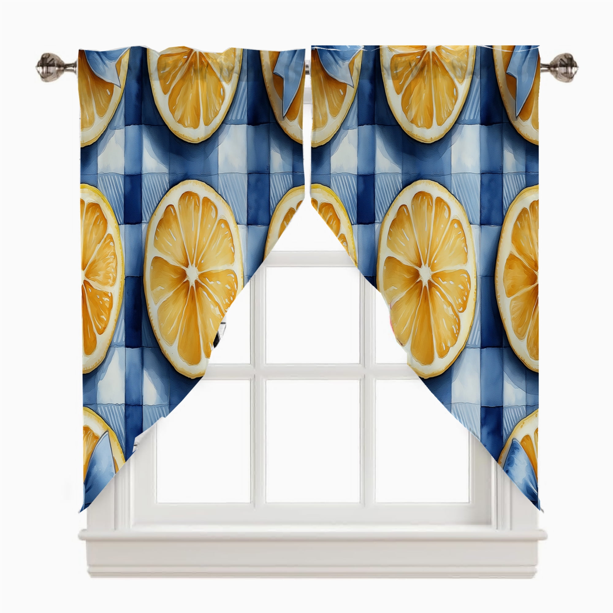 Lemon Slices on Blue Checkered Background Swag Valances For Windows 2 ...