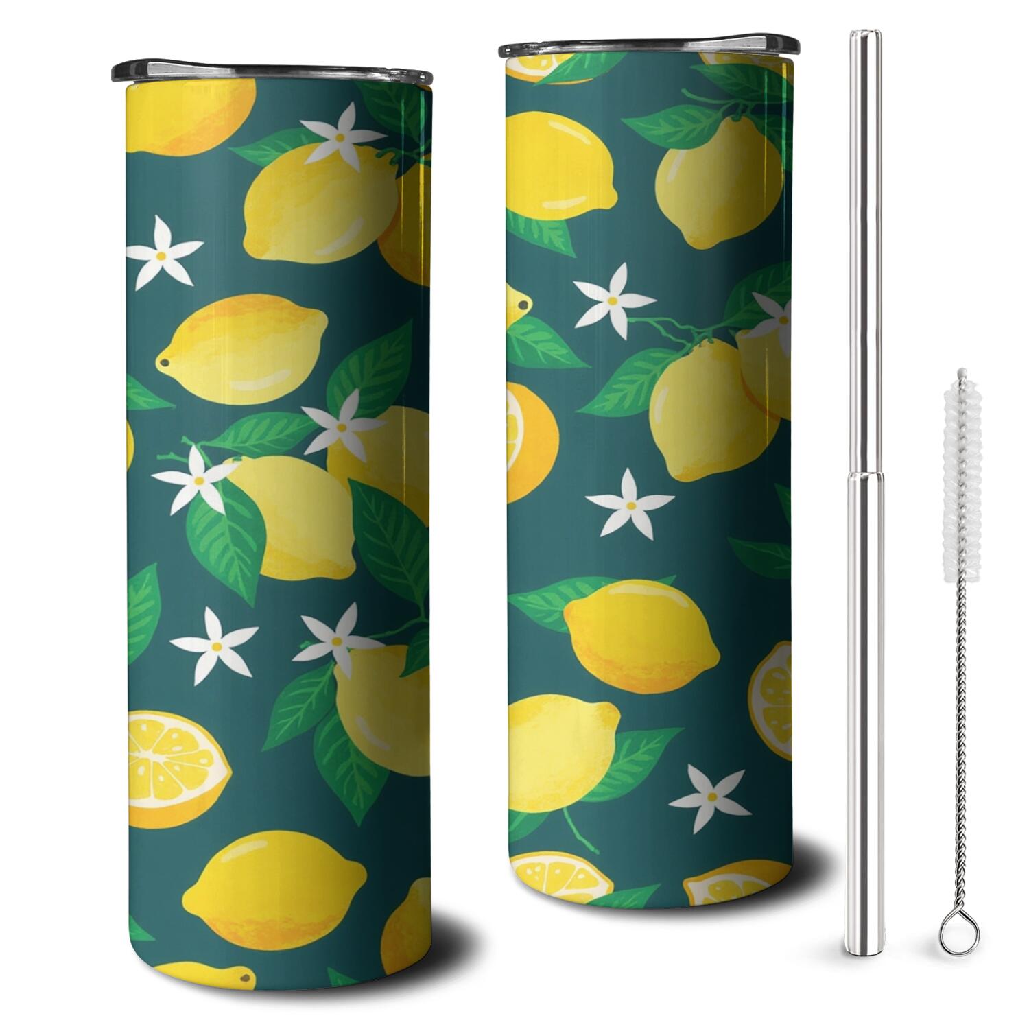 Lemon Slim Tumbler with Lid Straw Double Wall Cup Decorative 20 oz Cafe ...