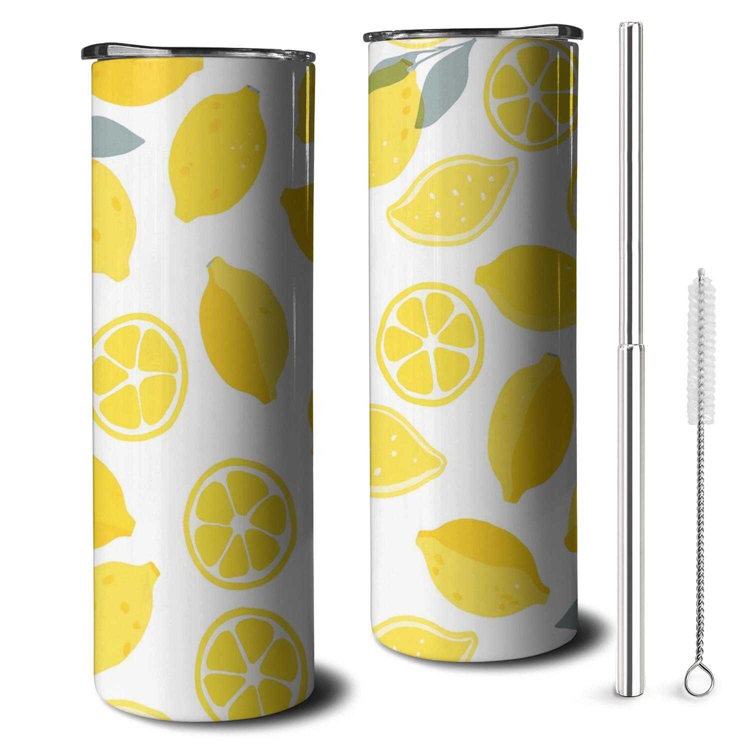 Lemon Slim Tumbler with Lid Straw Stainless Steel Cup Decorative 20 oz ...