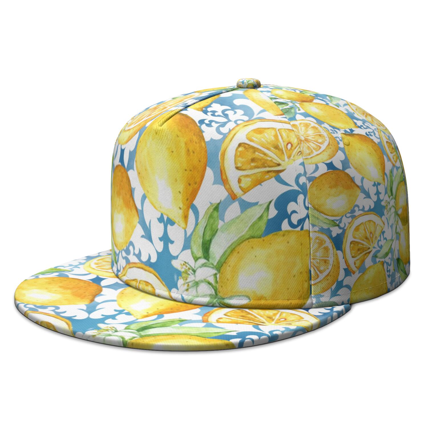 Lemon Snapback Hat - Flat Brim Baseball Cap with Yellow Fruit & Floral ...