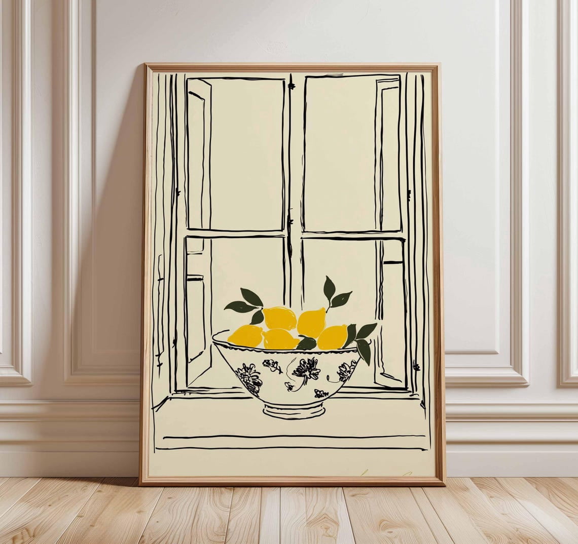 Lemon Still Life Minimalist Line Drawing Modern Kitchen Yellow Fruit ...