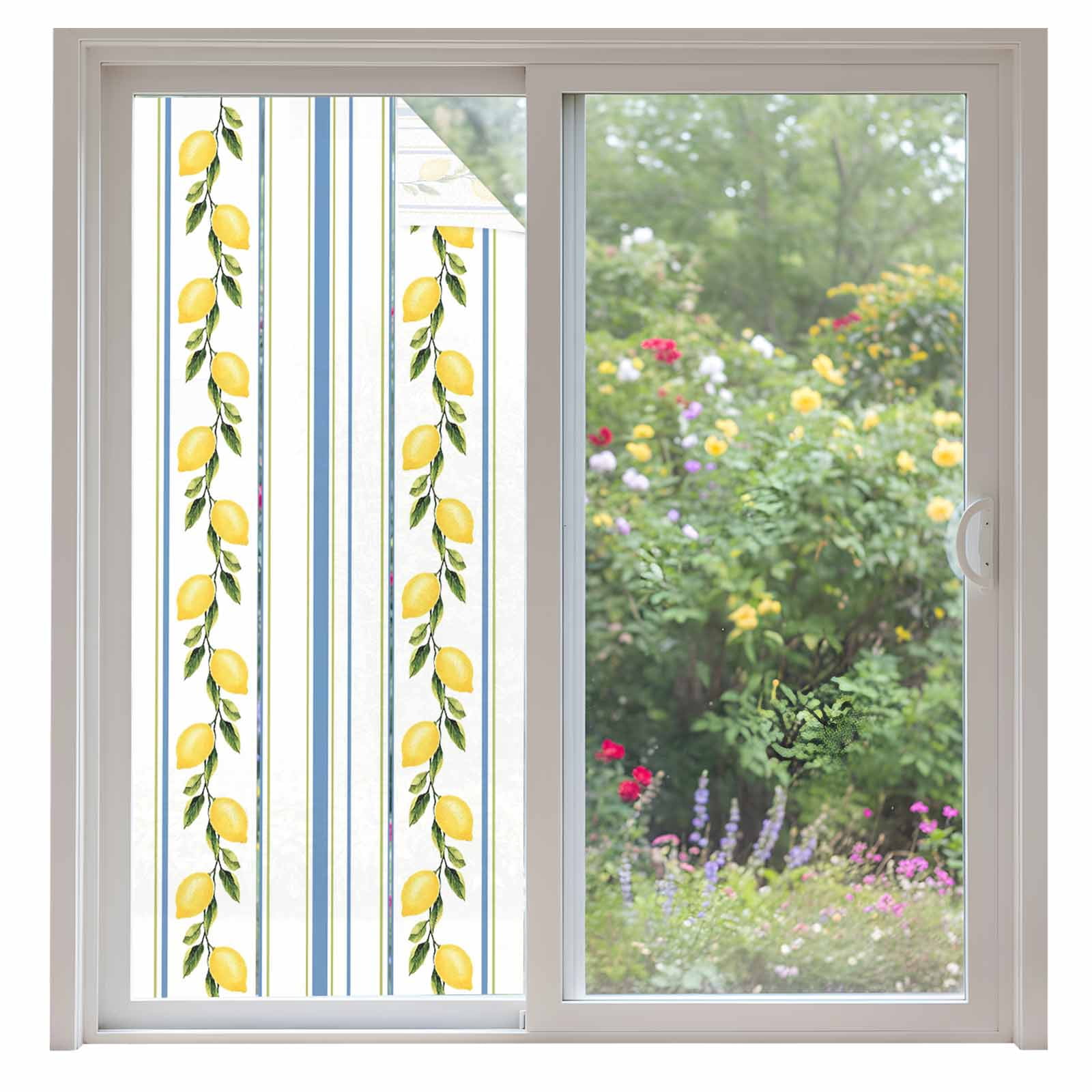 Lemon Striped Window Privacy Film, Yellow Fruit Blue White Geometric ...