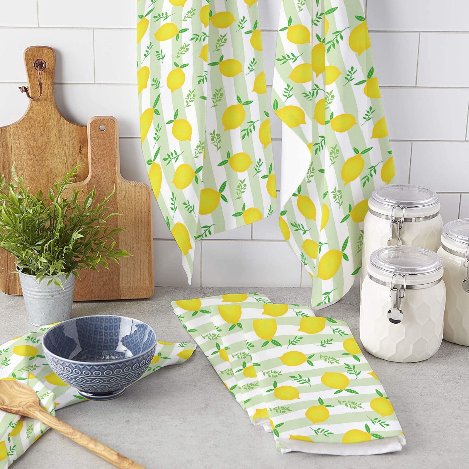 Lemon Stripes Watercolor Microfiber Kitchen Towel for Hand Dry Bathroom ...