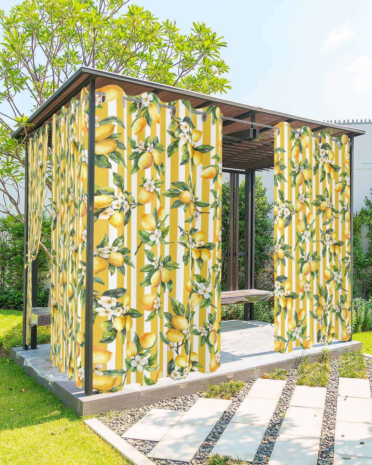 Lemon Strope Outdoor Curtains for Patio Waterproof,Yellow Geometric ...