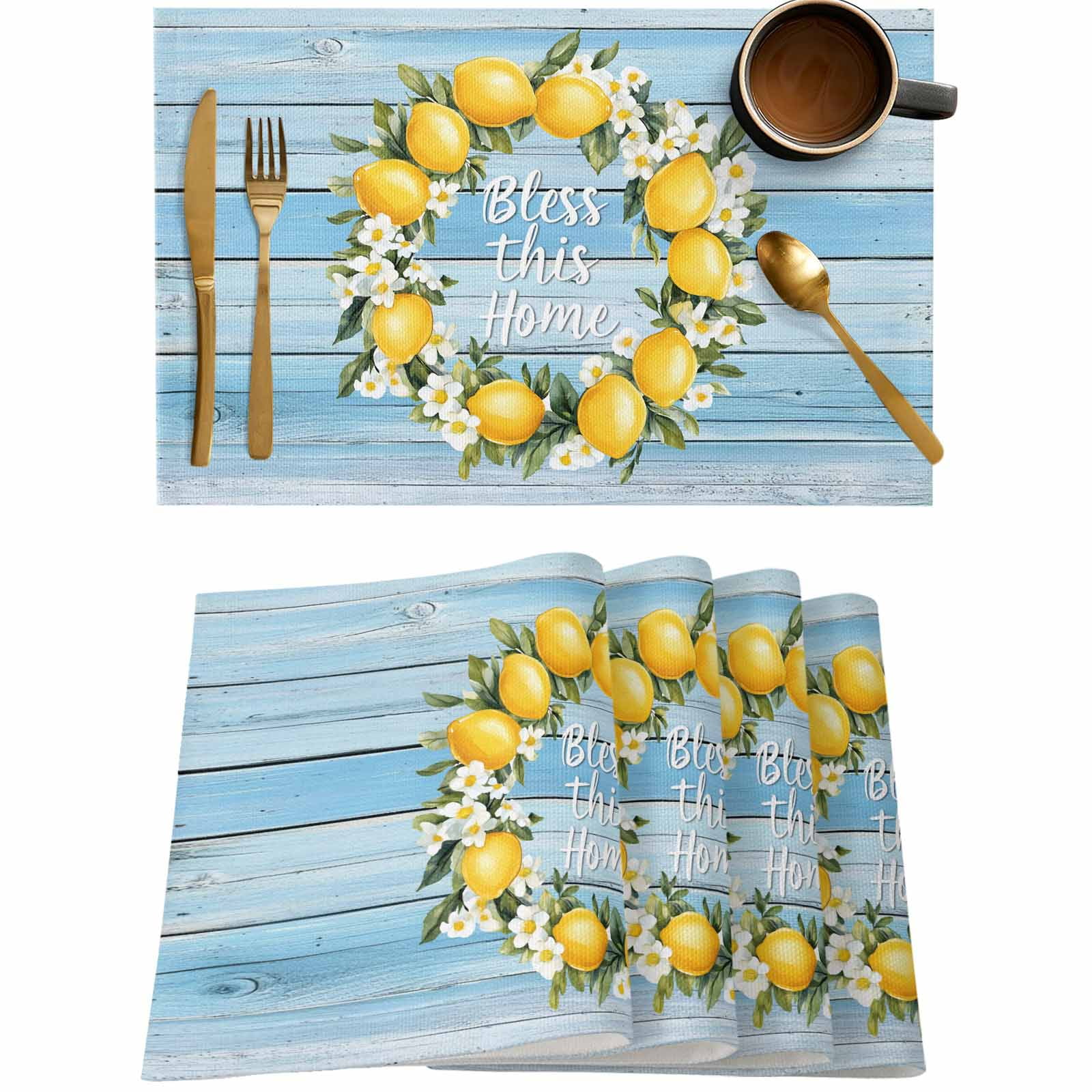 Lemon Summer Flower Watercolor Placemats Set of 4,Wipeable Washable ...
