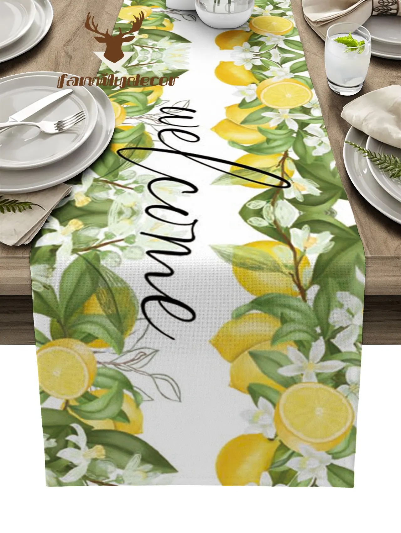 Lemon Summer Fruit Leaves Welcome Table Runner Home Wedding Table Flag ...
