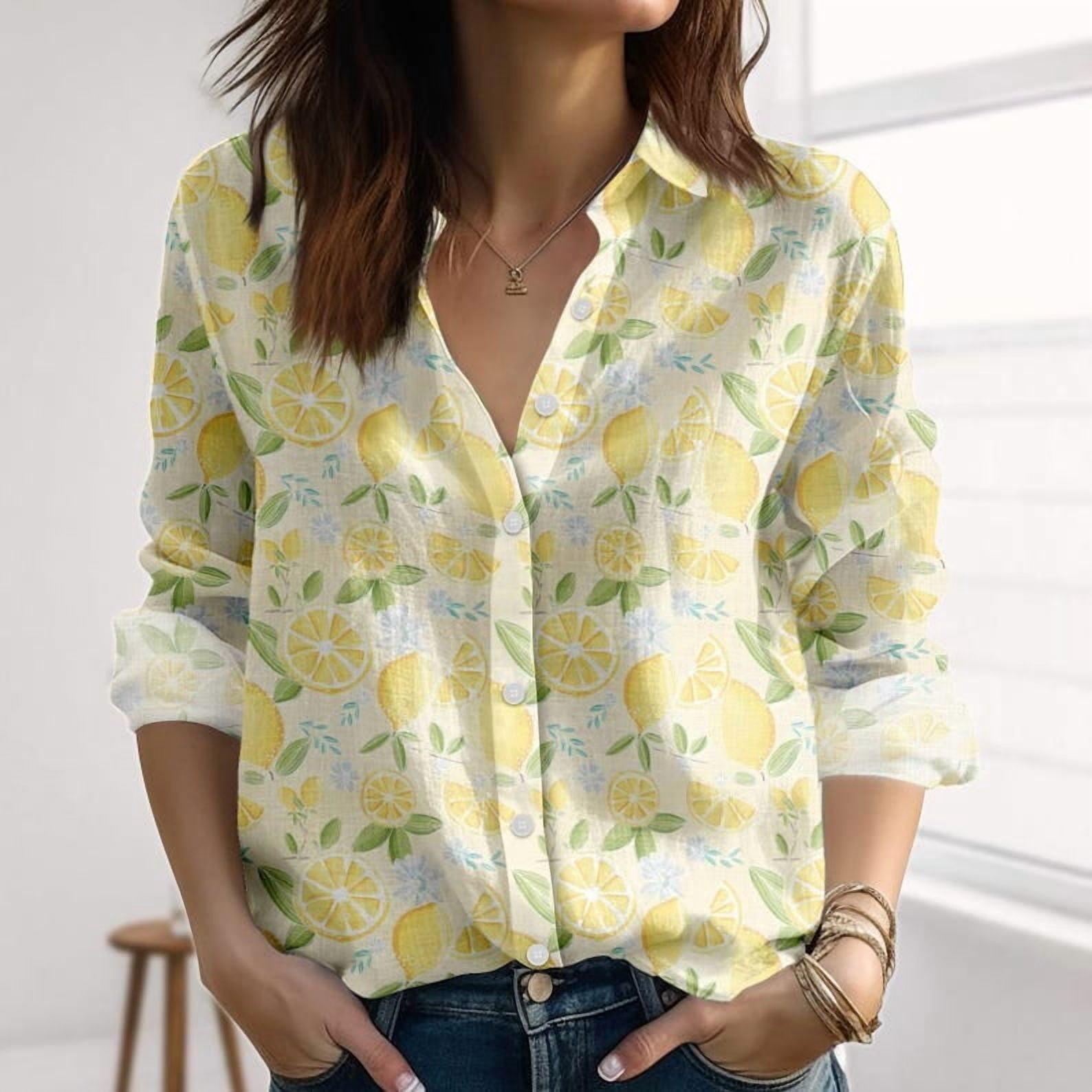 Lemon Summer Linen-Look Shirt, Yellow Citrus Shirt For Women, Cute ...