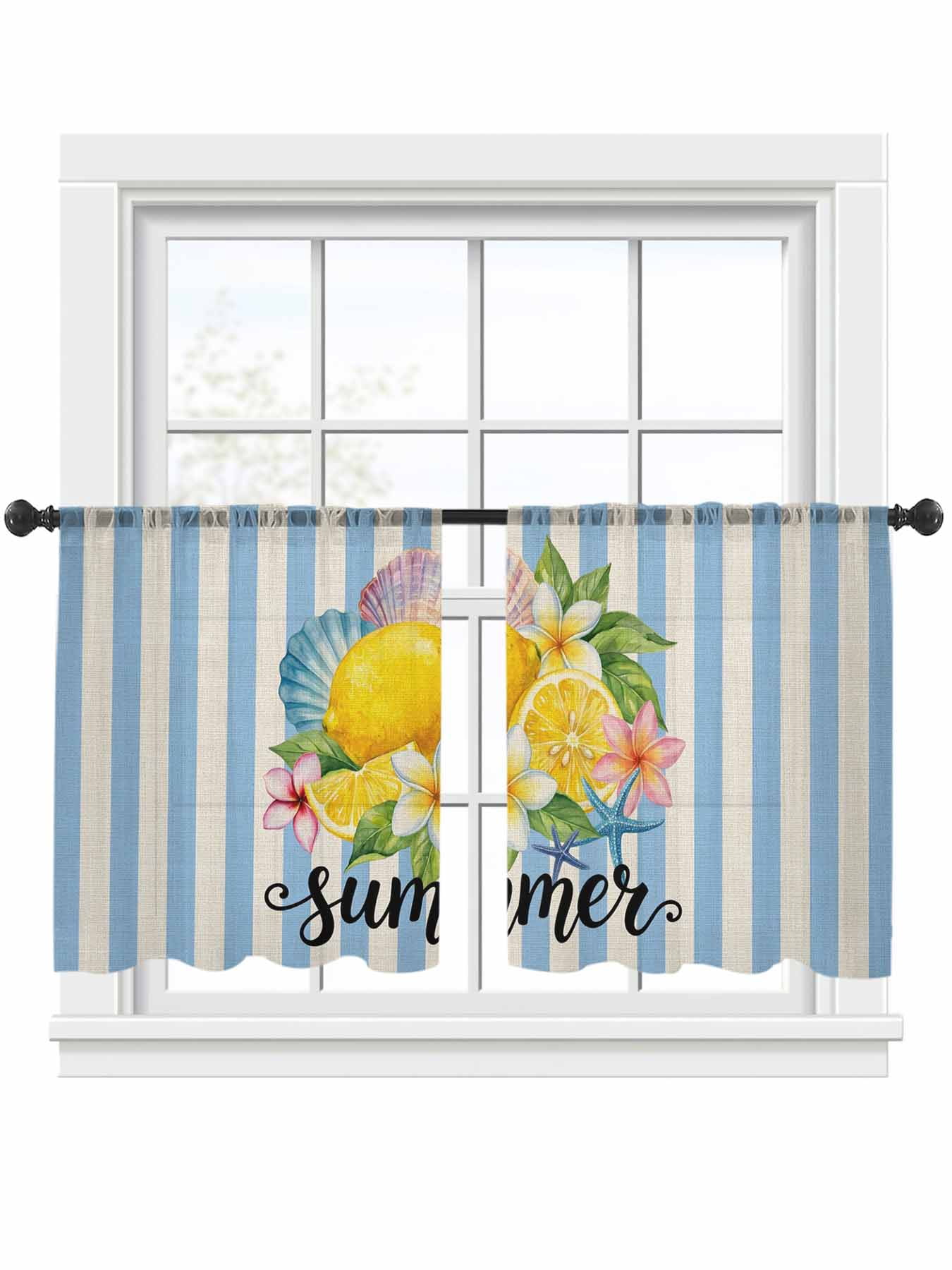 Lemon Summer Sheer Curtains 45 Inch Long 2 Panels, Fruit Starfish Shell ...