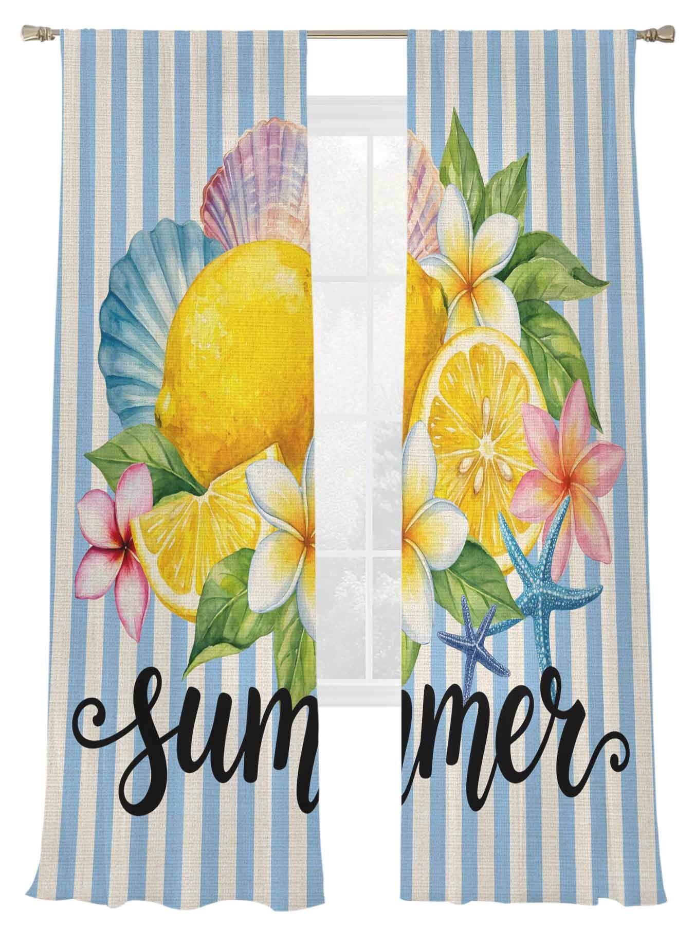 Lemon Summer Sheer Curtains 96 Inch Long 2 Panels, Fruit Starfish Shell ...