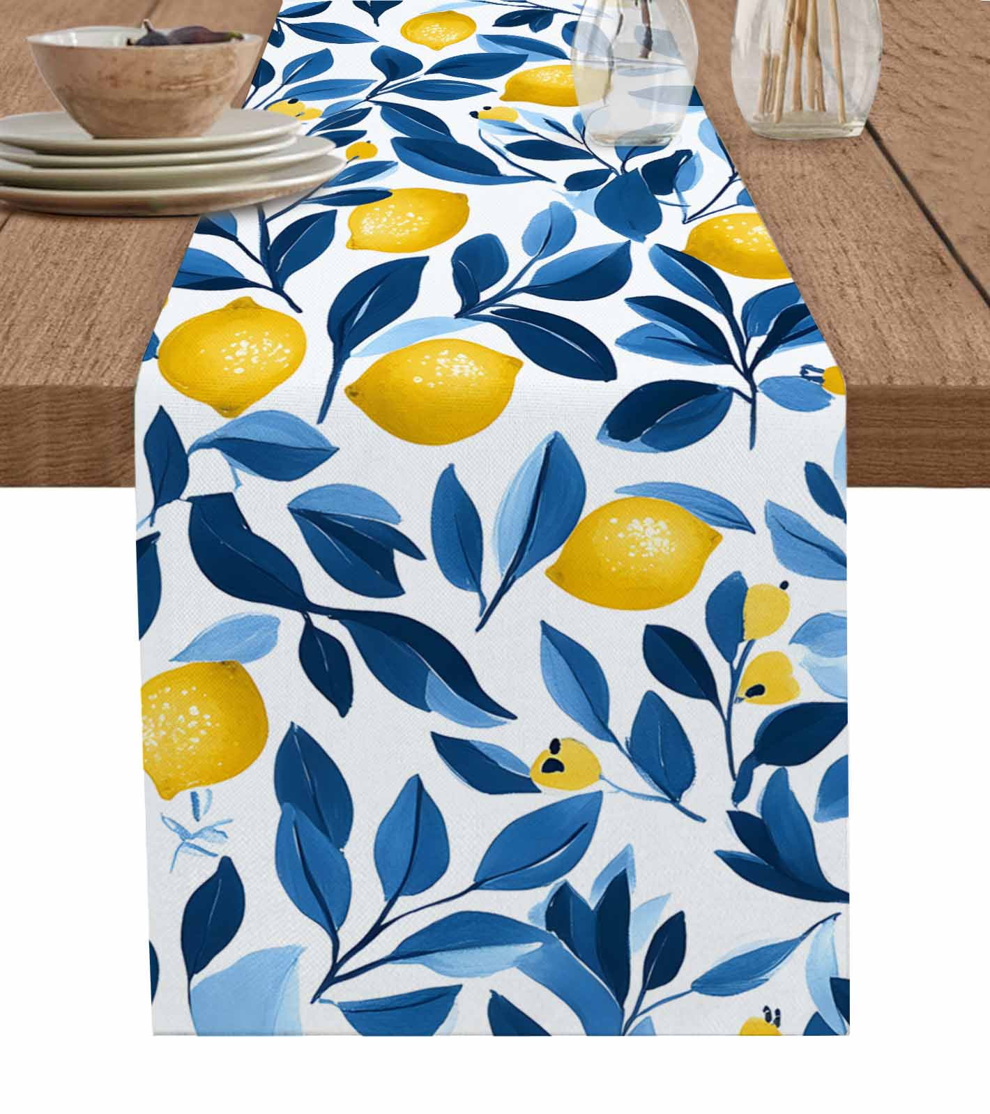 Lemon Table Runner 108 Inches, Summer Fruit Spring Leaf Watercolor ...
