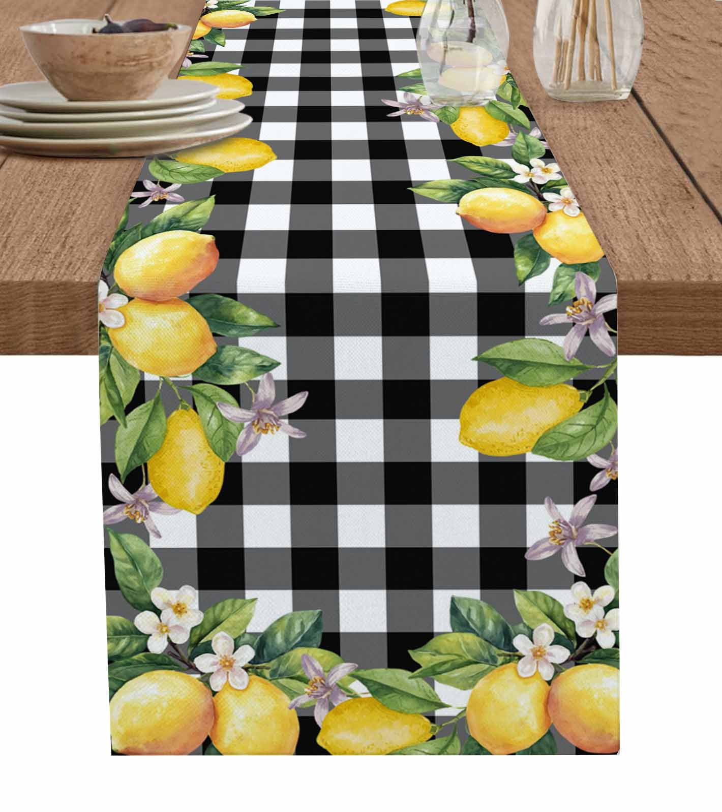 Lemon Table Runner 72 Inches, Black Plaid Check Yellow Fruit Flower ...