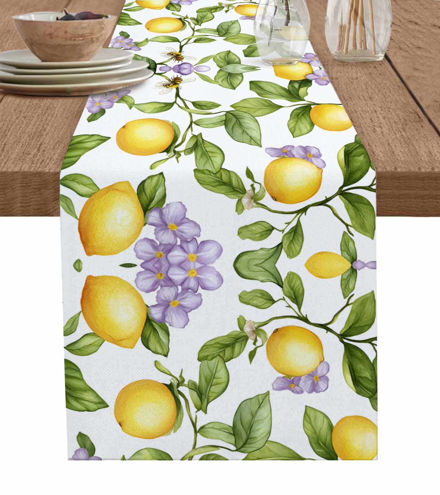 Lemon Table Runner 72 Inches, Summer Purple Floral Green Leaf ...