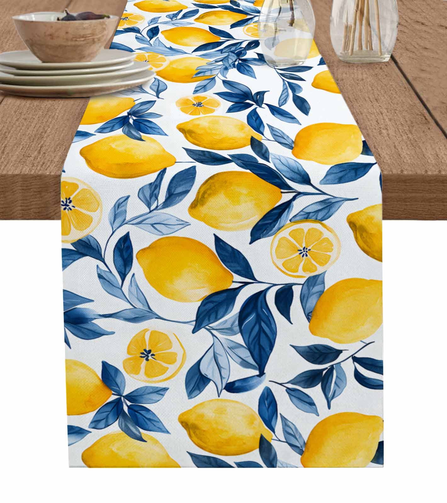 Lemon Table Runner 72 Inches, Watercolor Blue Yellow Branch Summer ...