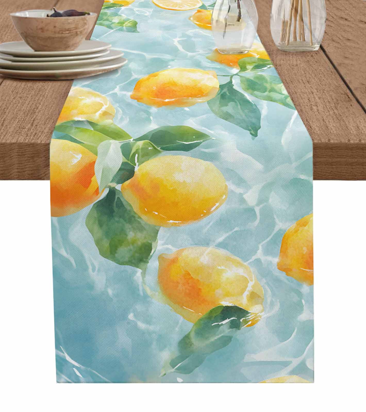 Lemon Table Runner 72 Inches, Yellow Fruit Watercolor Aqua Blue Lake ...