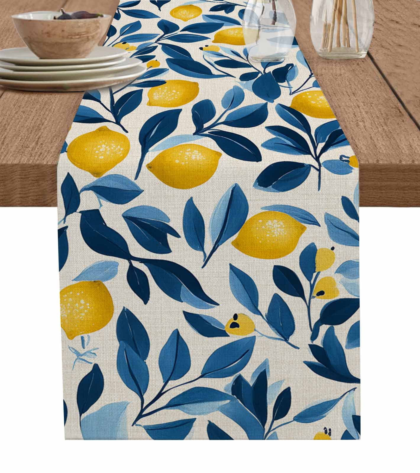 Lemon Table Runner 90 Inches, Watercolor Yellow Blue Fruit Branch ...