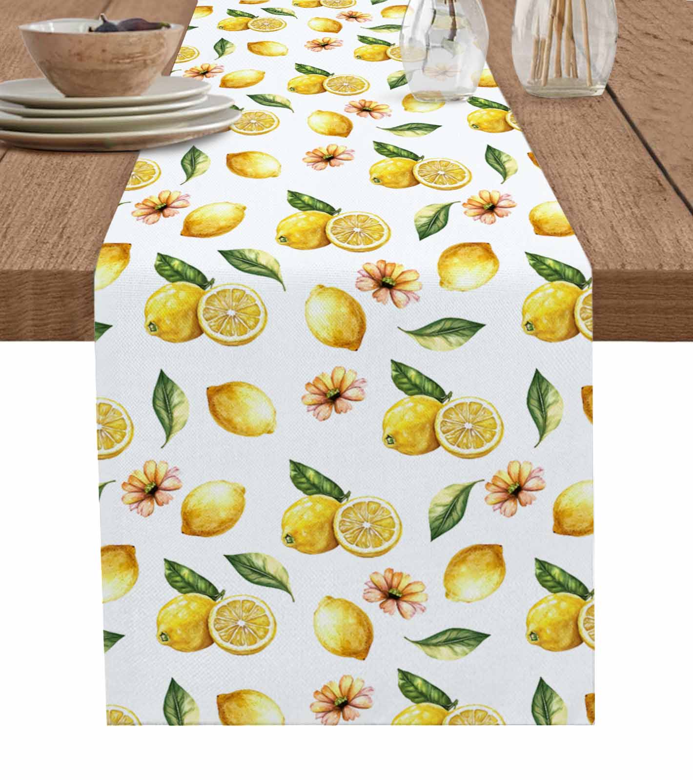 Lemon Table Runner 90 Inches, Yellow Summer Fruit Flower Watercolor ...