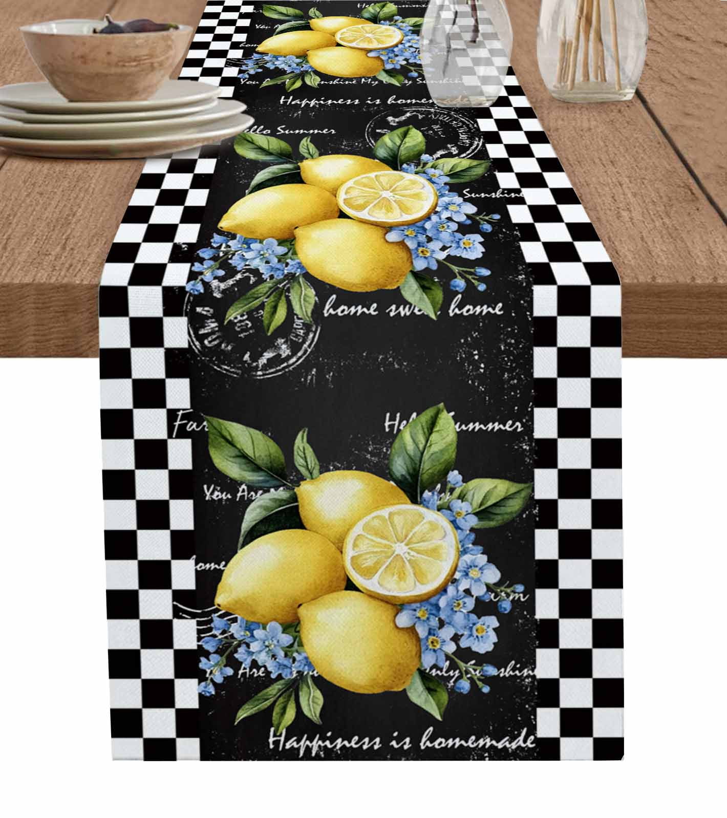 Lemon Table Runner Spring Summer Black White Checkered Plaid ...