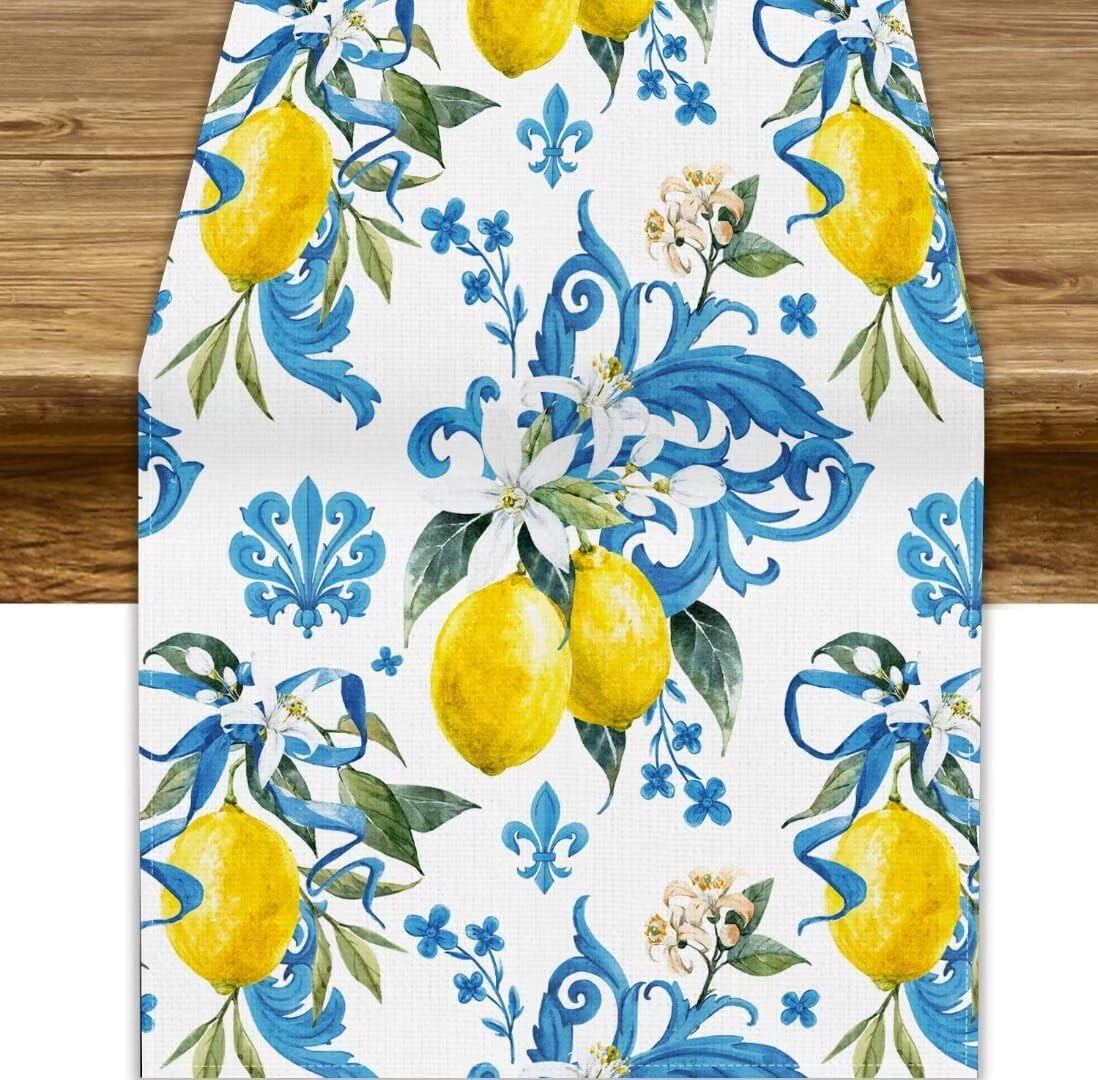 Lemon Table Runner, Summer Blue Tiles Lemons Traditional Floral Print ...