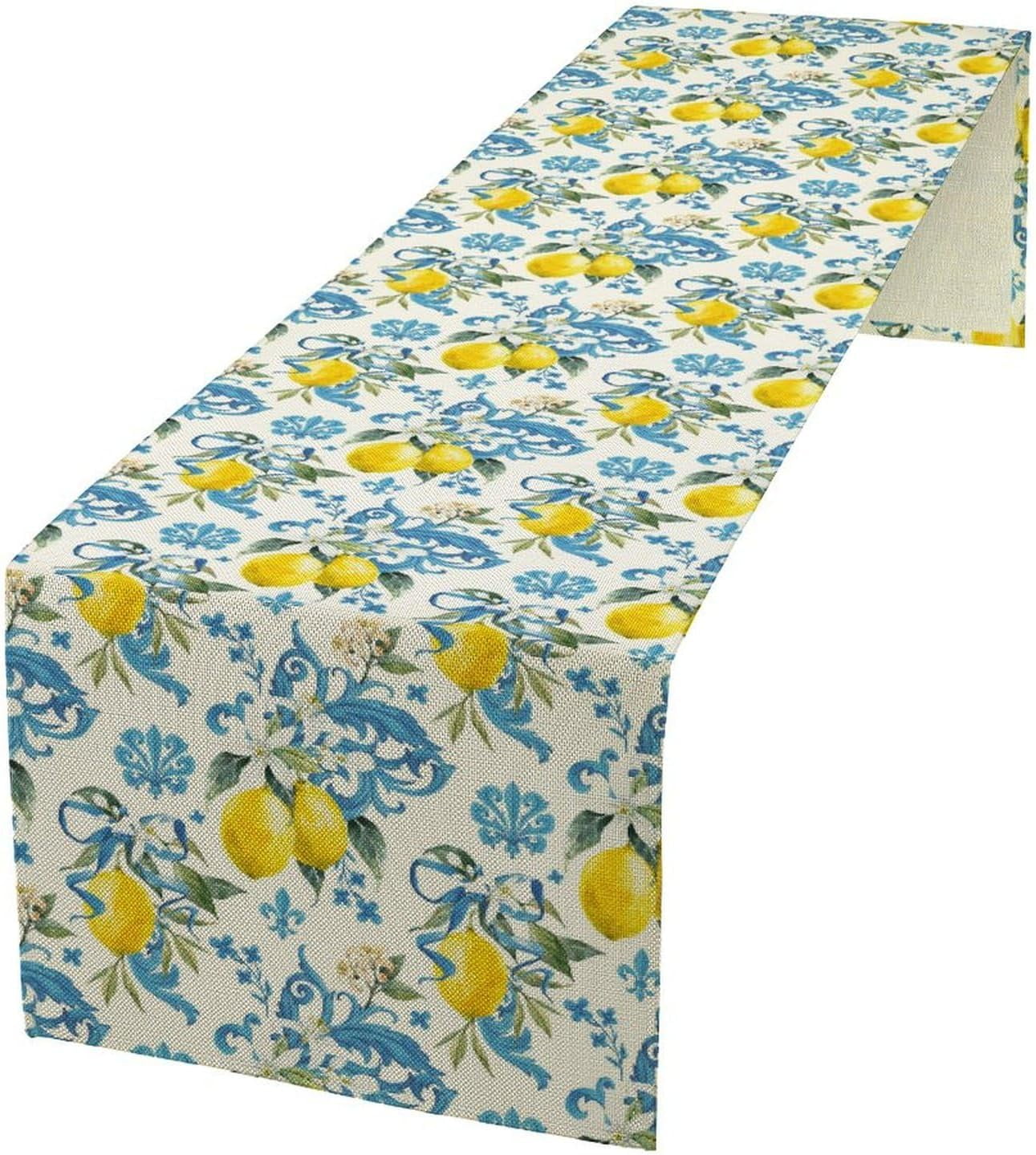 Lemon Table Runner Watercolor Blue Flowers Yellow Lemons Pattern Table ...