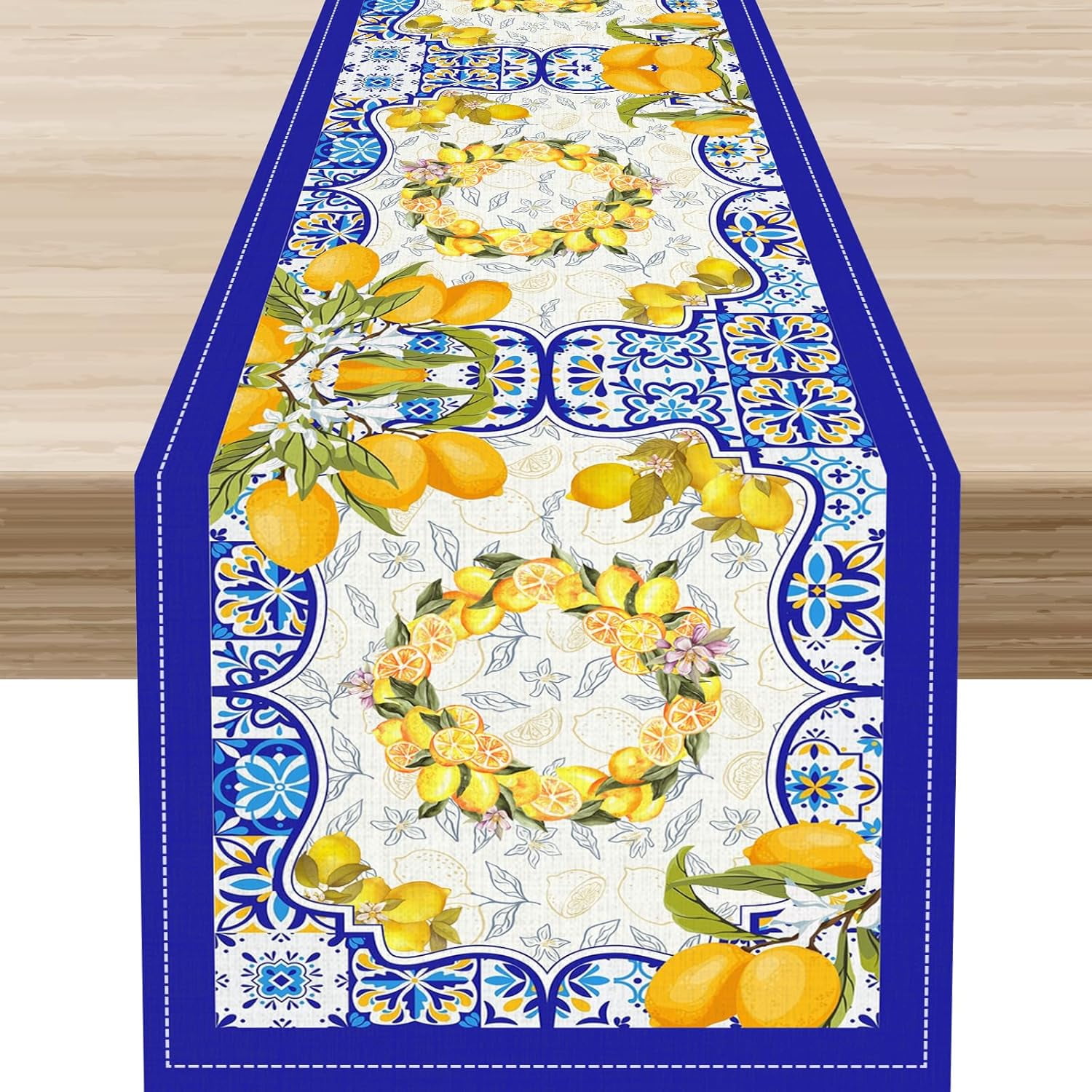 Lemon Table Runner, Yellow and Blue Mediterranean Summer Fruit Italian ...