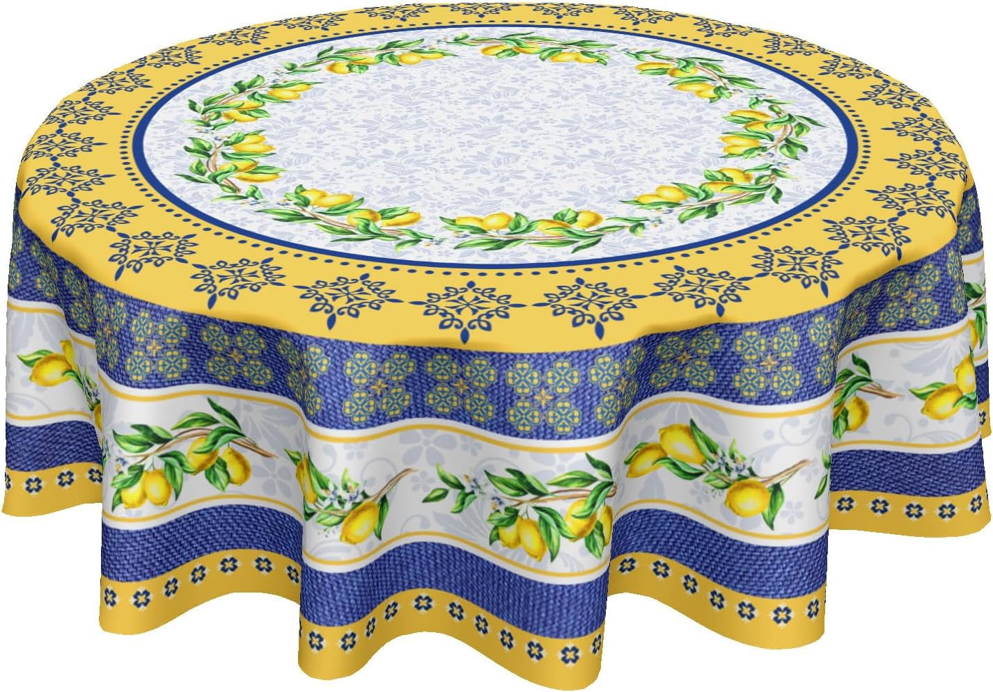 Lemon Tablecloth Round 60 Inch Summer Fruit Blue and Yellow Table Cloth ...
