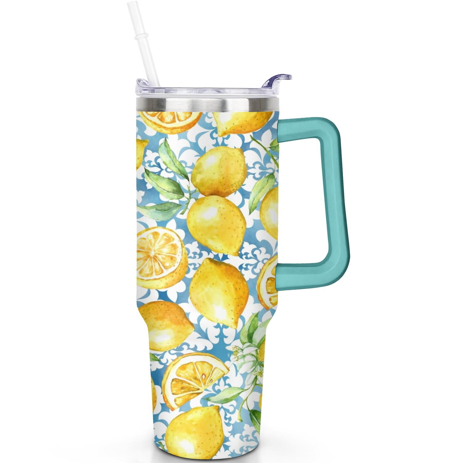 Lemon Theme 40oz Tumbler Handle Spill Proof Lid & Straw 40 oz Lemon ...