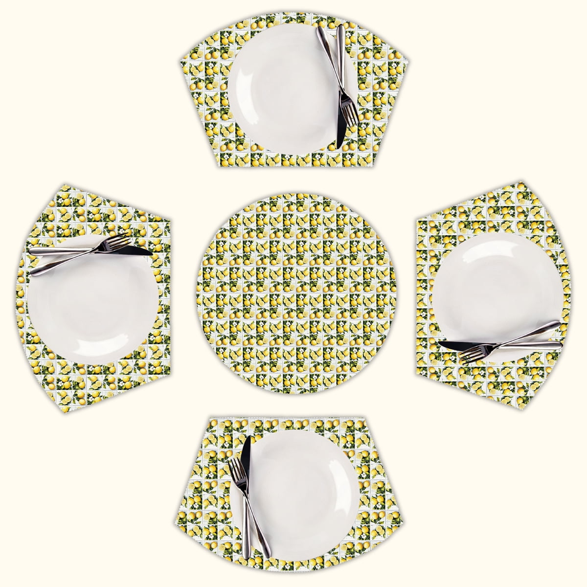 Lemon Tile Pattern Round Table Placemats Set Of 5 Wedge Table Mats ...