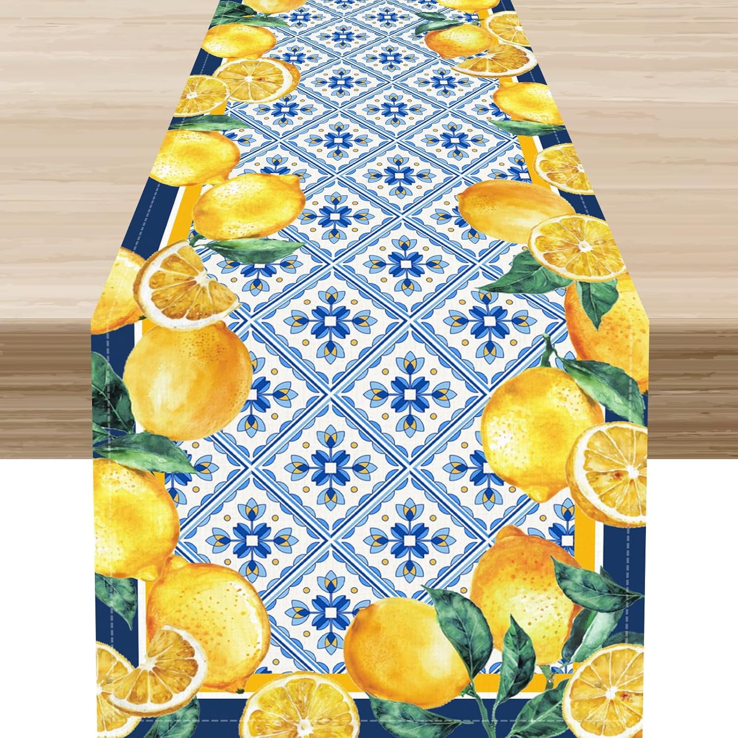Lemon Tiles Table Runner, Rustic Watercolor Spring Summer Fruit Lemon ...