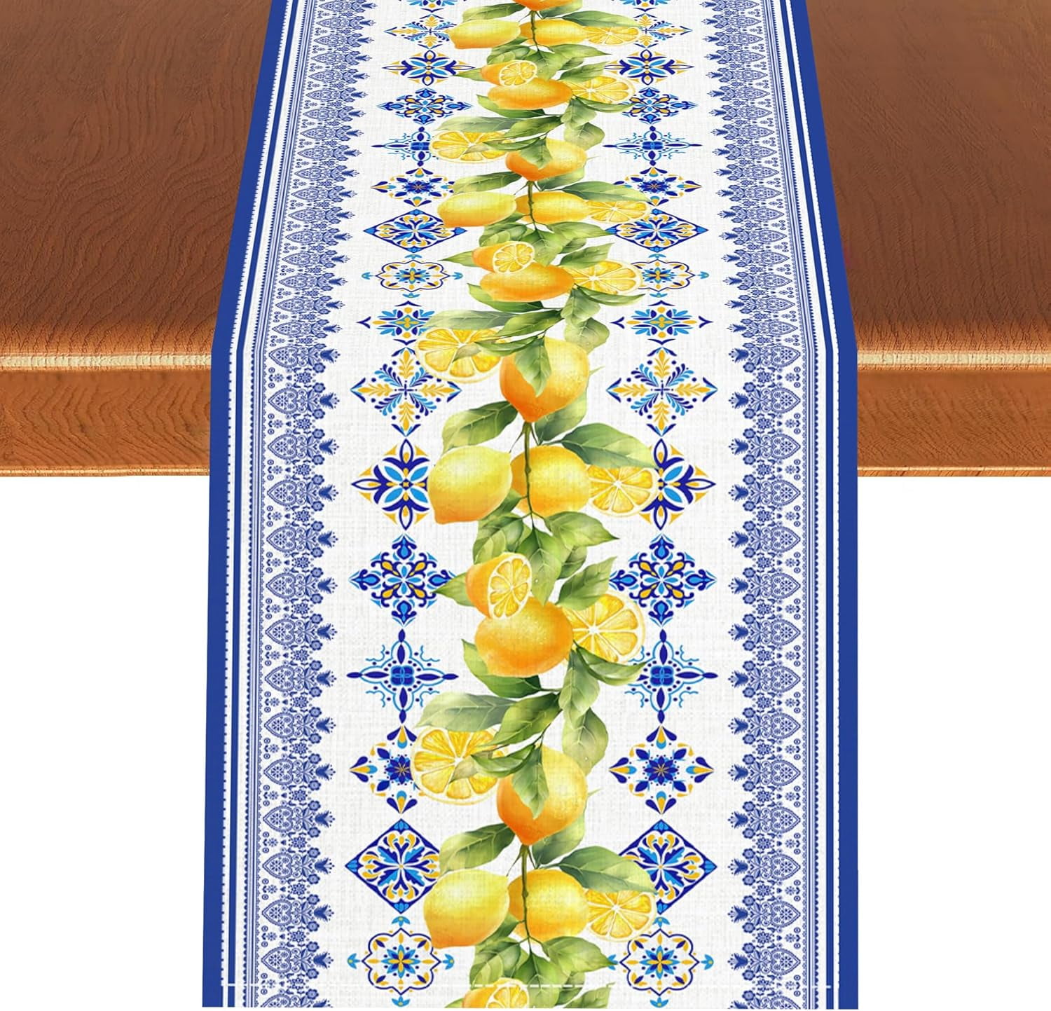 Lemon Tiles Table Runner, Summer Fruit Yellow Lemon Mediterranean ...