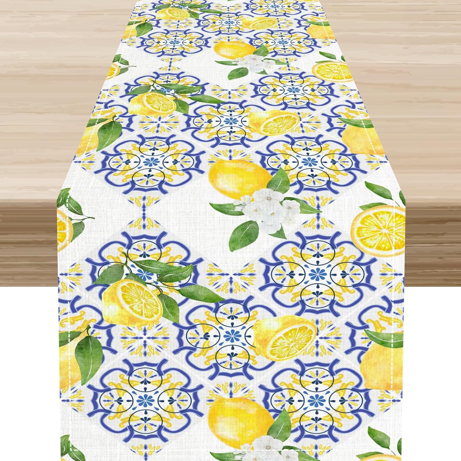 Lemon Tiles Table Runner, Watercolor Spring Summer Floral Fruit Green ...
