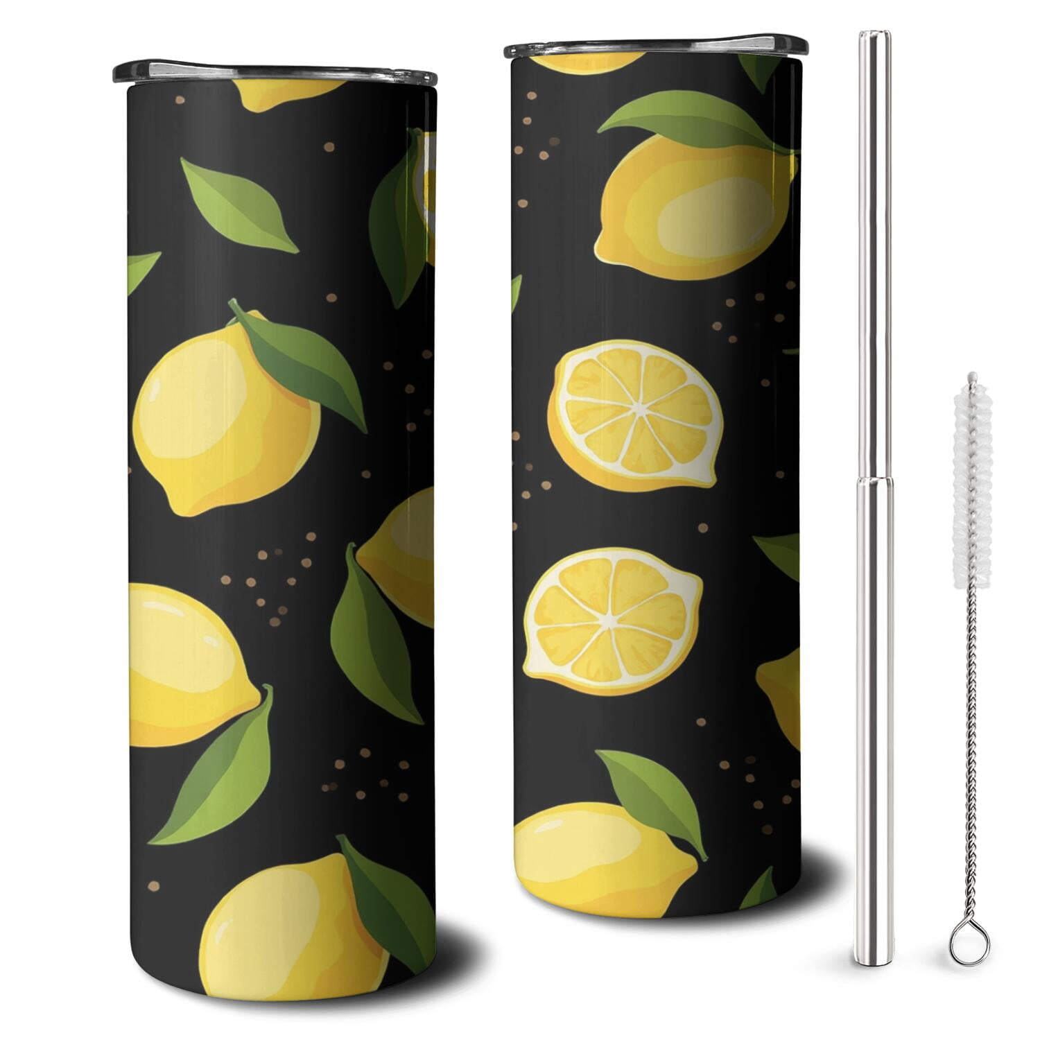 Lemon Travel Coffee Mug with Lid Straw Stainless Steel Cup 20oz Tumbler ...